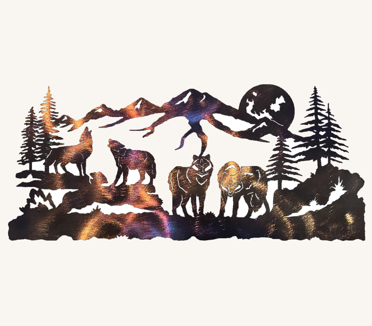 Wolf Pack with Mountains, Trees and Moon Metal Art Sculpture (#143 ...