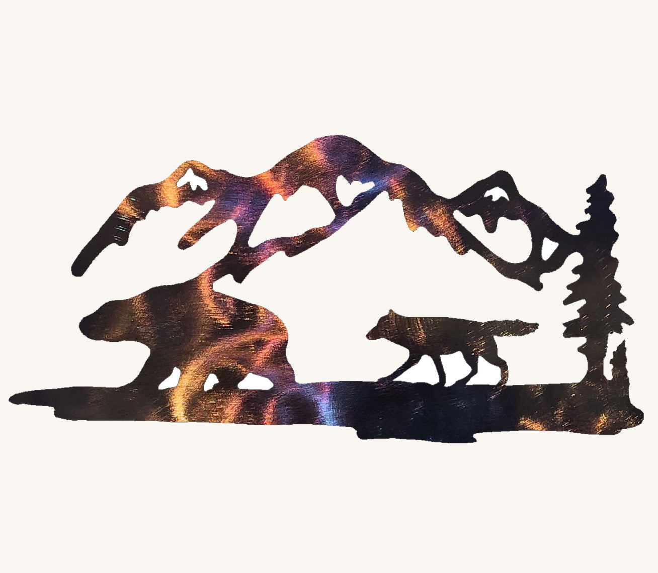 Wolf, Bear, Mountains and Trees Metal Art (#139) – Mountain Metal Arts